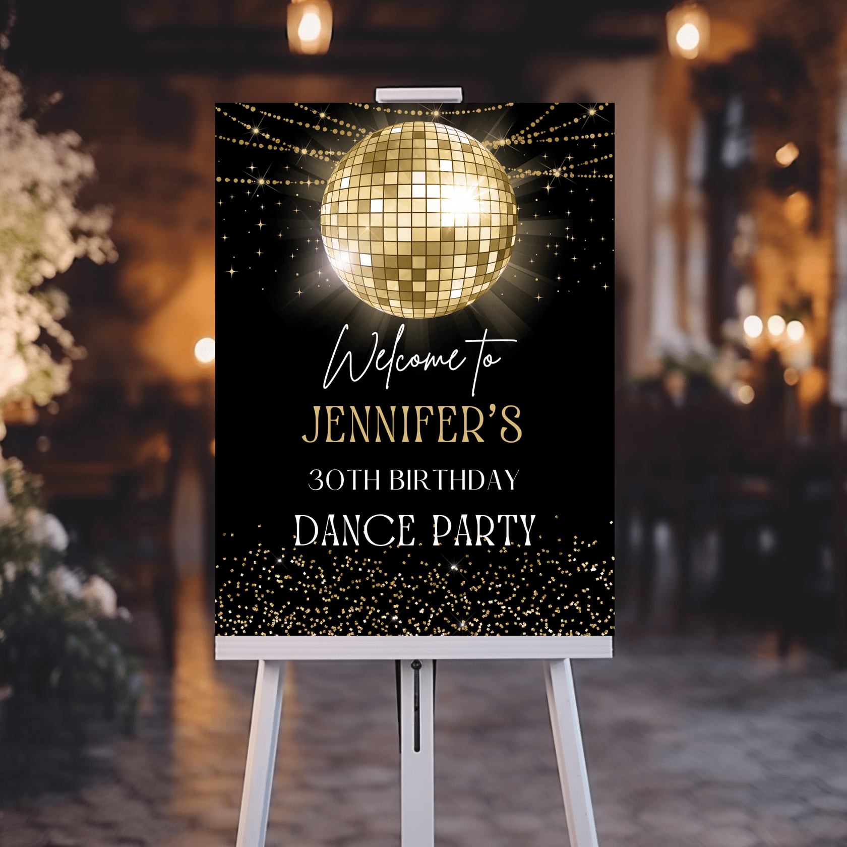 Disco Ball Welcome Sign - Gold 70s Retro Party Banner – DigitalOneDesign