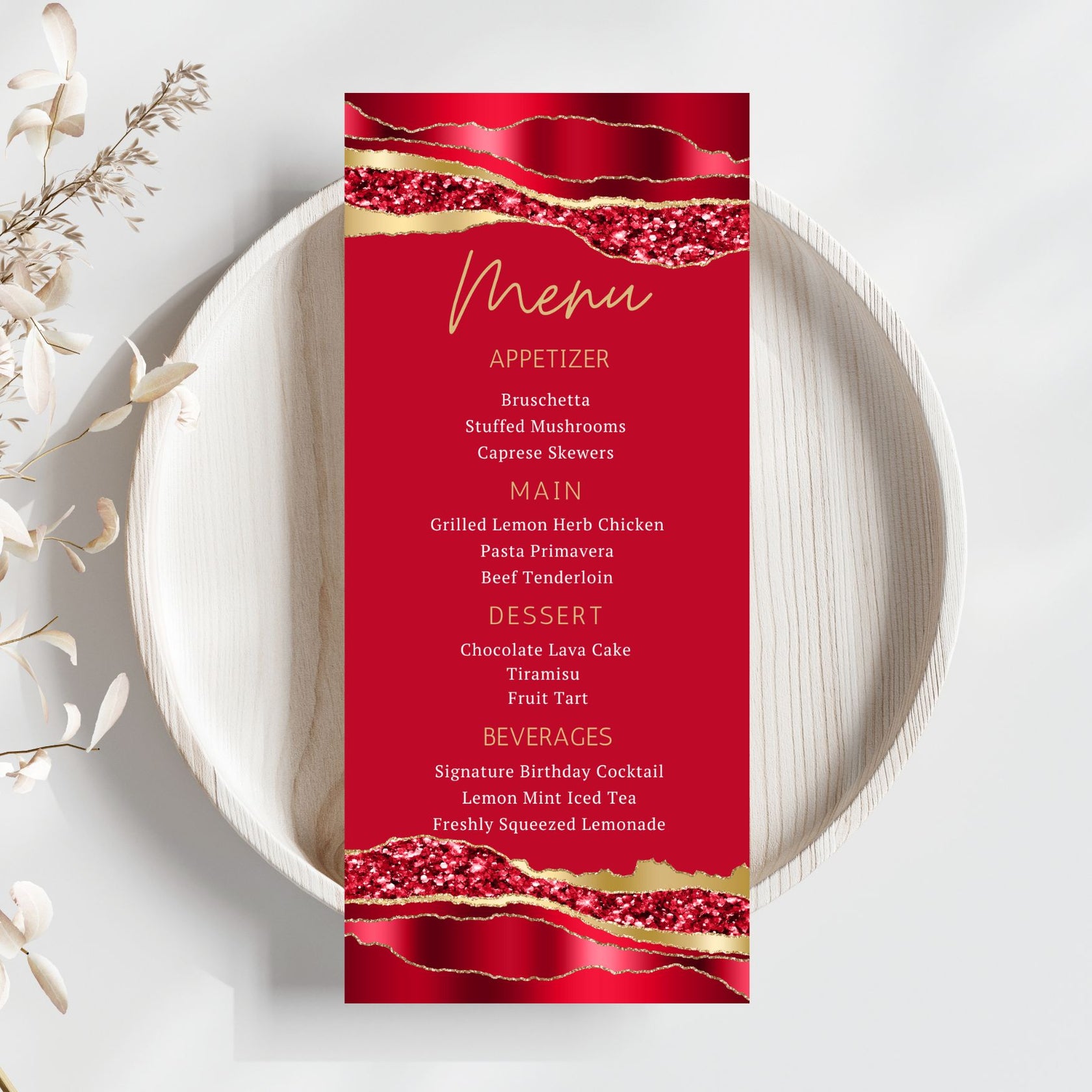 Special Event Menu Card Template in Red and Gold – DigitalOneDesign
