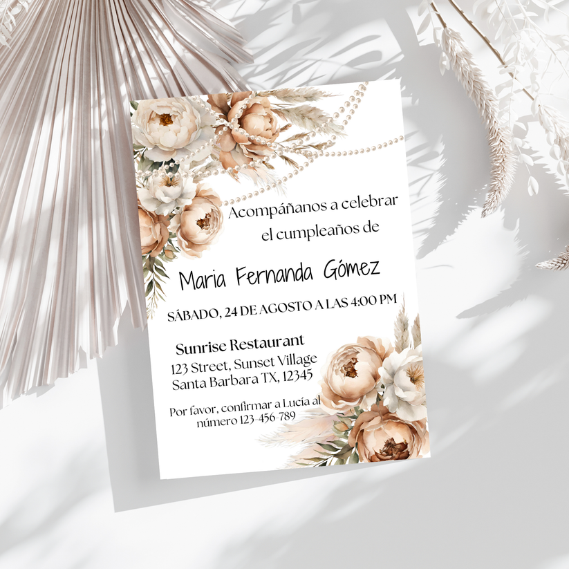 Elegant Spanish Boho and Pearls Birthday Invitation – DigitalOneDesign