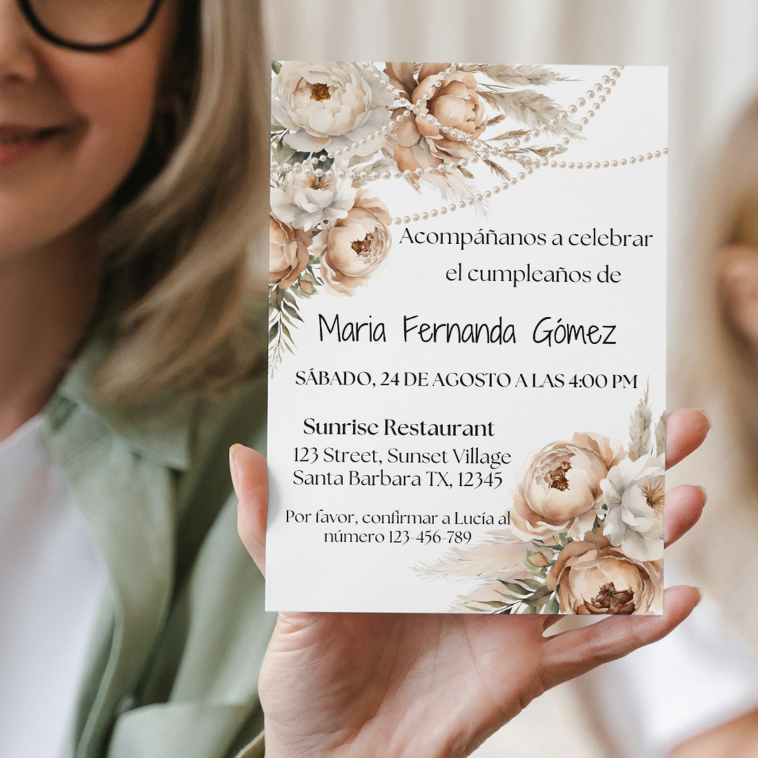 Elegant Spanish Boho and Pearls Birthday Invitation – DigitalOneDesign